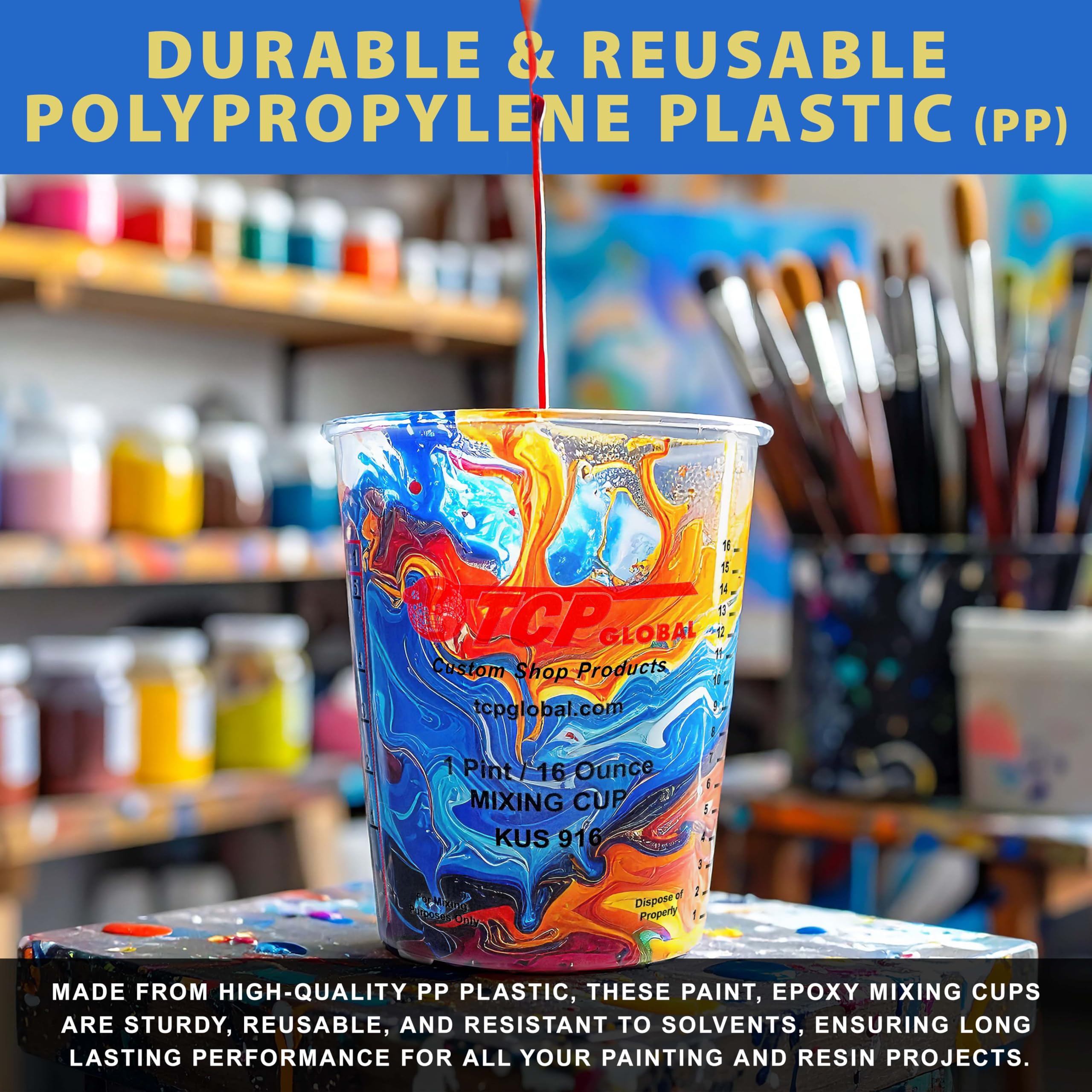 TCP GLOBAL Premium Paint Mixing Essentials Kit. Comes with 12 Mixing Cups, 6 Lids, 12 Wooden 12" Mixing Sticks, 12 Wooden Mini Mixing Paddles, 12 HQ 190 Mesh Paint Strainers & Paint Can Opener.