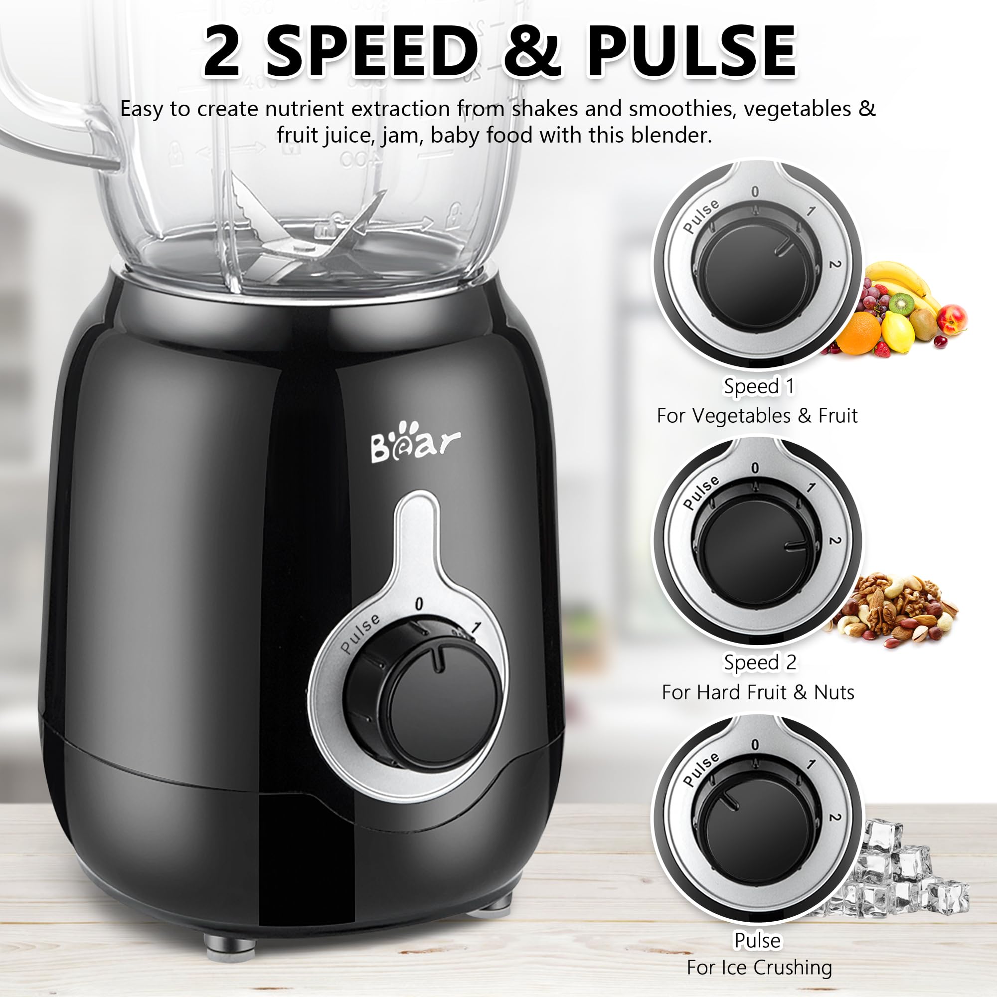 Bear Blender, 700W Smoothie Countertop Blender with 40oz Blender Cup for Shakes and Smoothies, 3-Speed for Crushing Ice, Puree and Frozen Fruit with Autonomous Clean