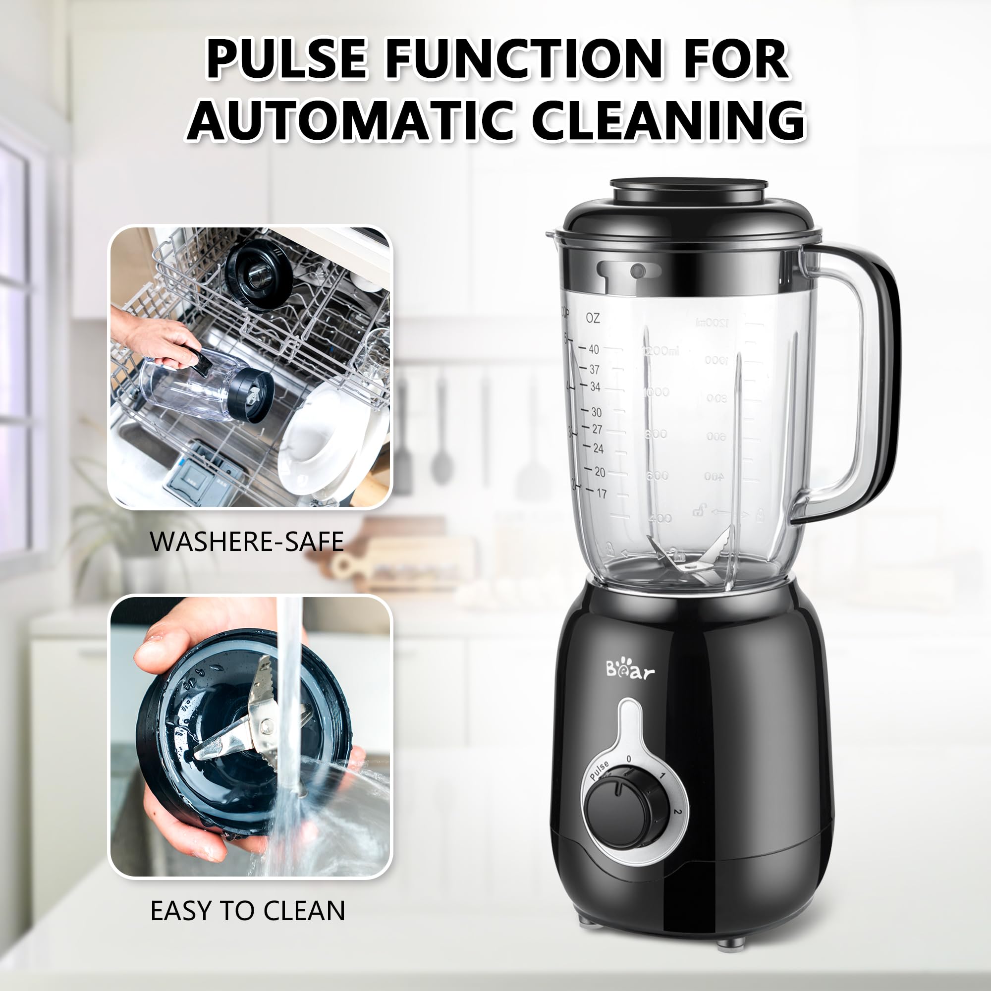 Bear Blender, 700W Smoothie Countertop Blender with 40oz Blender Cup for Shakes and Smoothies, 3-Speed for Crushing Ice, Puree and Frozen Fruit with Autonomous Clean