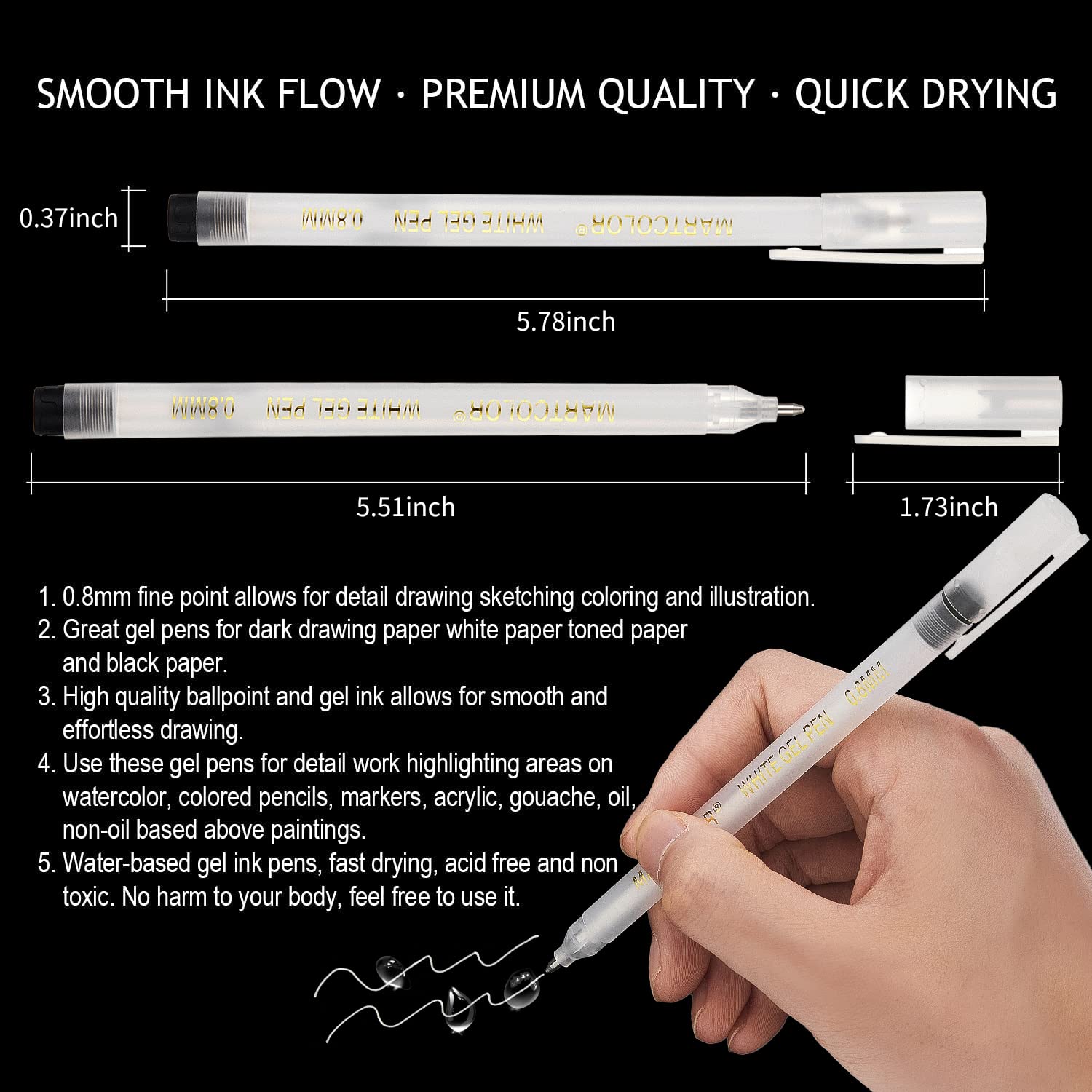 MARTCOLOR White Gel Pens Set, 6 Pack, 0.8mm Fine Point Pens Gel Ink Pens For Artists, Archival Ink Pens, White highlight Pens for Black Paper Drawing, Illustration, Sketching, Writing