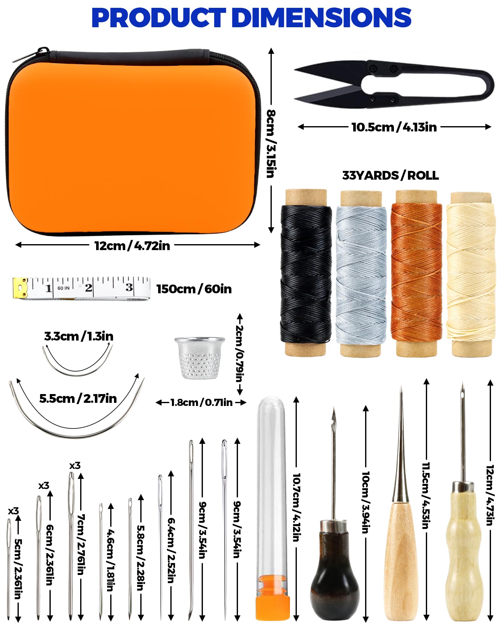 PLANTIONAL 34 PCS Basic Leather Sewing Kit: Upholstery Thread Cord, Leather Waxed Thread with Sewing Awl, Seam Ripper, Tape Measure Large-Eye Stitching Needles for DIY Leather Craft Repair