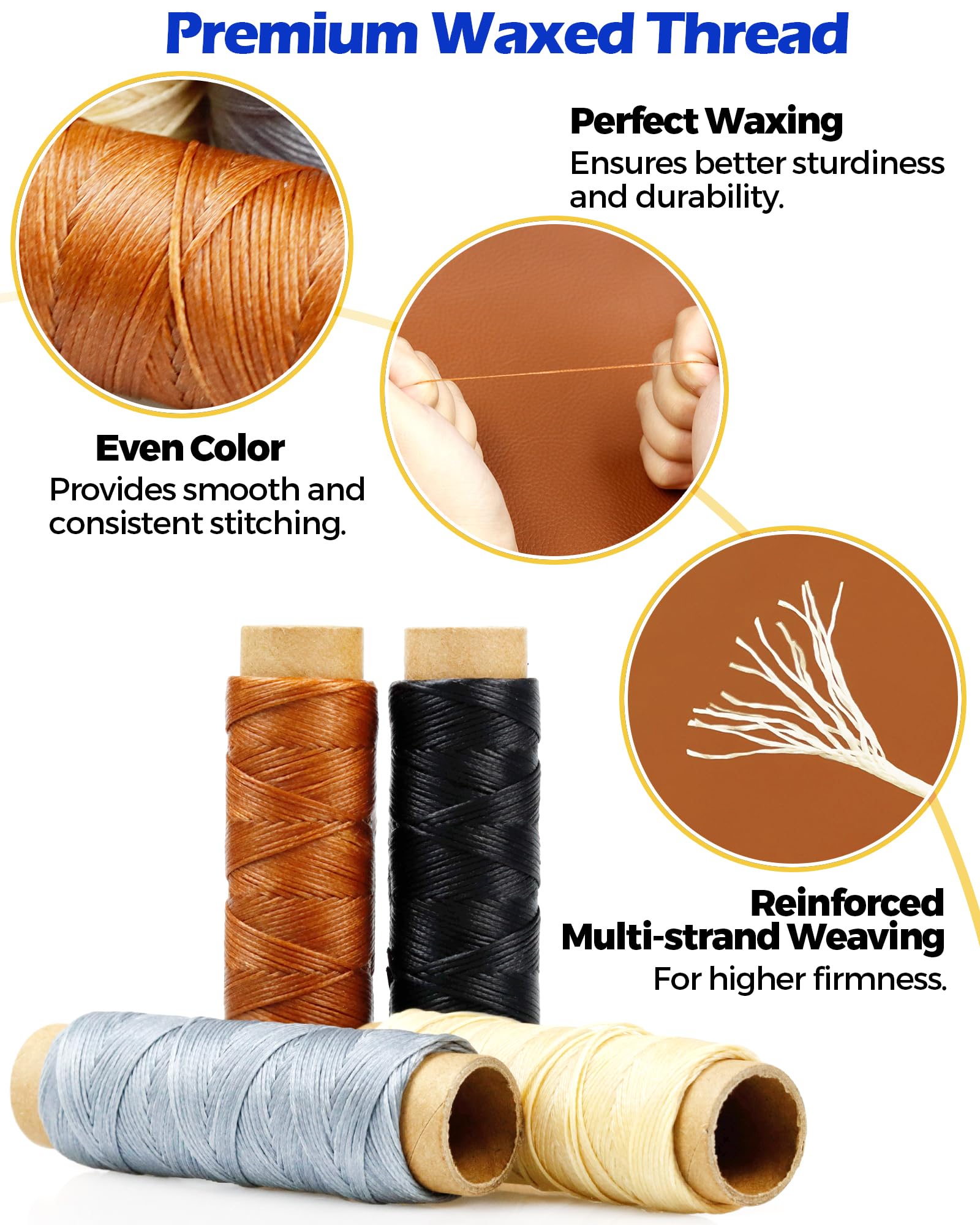 PLANTIONAL 34 PCS Basic Leather Sewing Kit: Upholstery Thread Cord, Leather Waxed Thread with Sewing Awl, Seam Ripper, Tape Measure Large-Eye Stitching Needles for DIY Leather Craft Repair