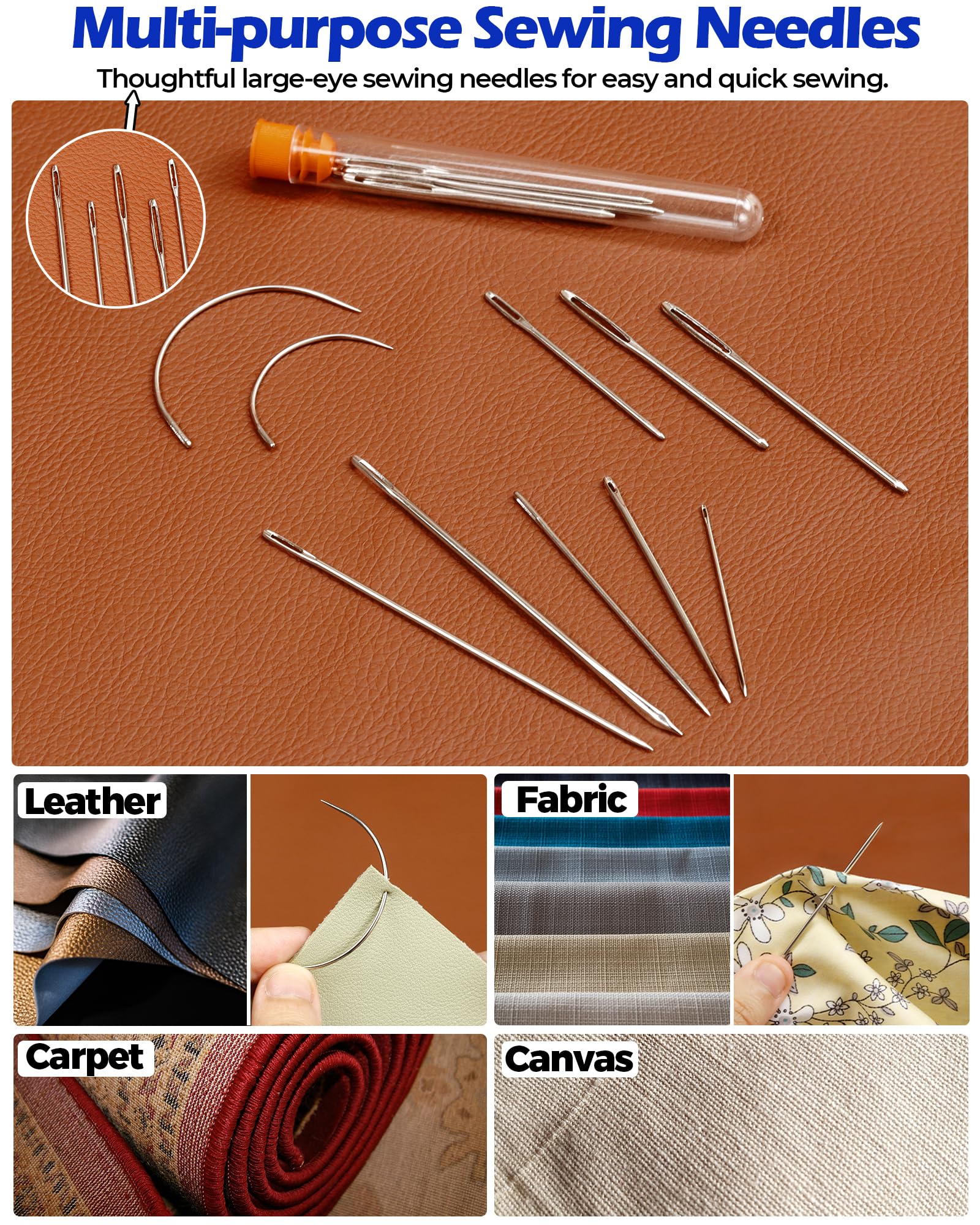 PLANTIONAL 34 PCS Basic Leather Sewing Kit: Upholstery Thread Cord, Leather Waxed Thread with Sewing Awl, Seam Ripper, Tape Measure Large-Eye Stitching Needles for DIY Leather Craft Repair