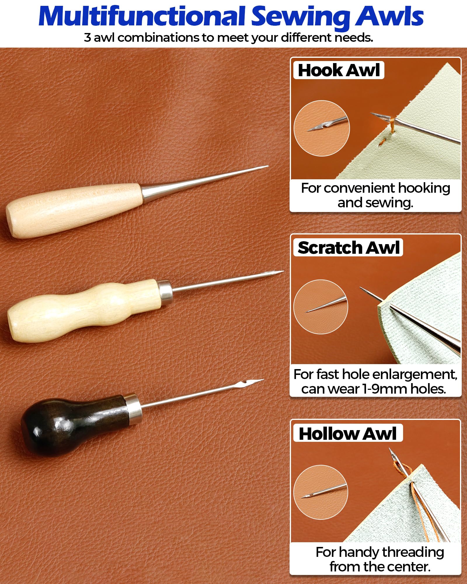 PLANTIONAL 34 PCS Basic Leather Sewing Kit: Upholstery Thread Cord, Leather Waxed Thread with Sewing Awl, Seam Ripper, Tape Measure Large-Eye Stitching Needles for DIY Leather Craft Repair