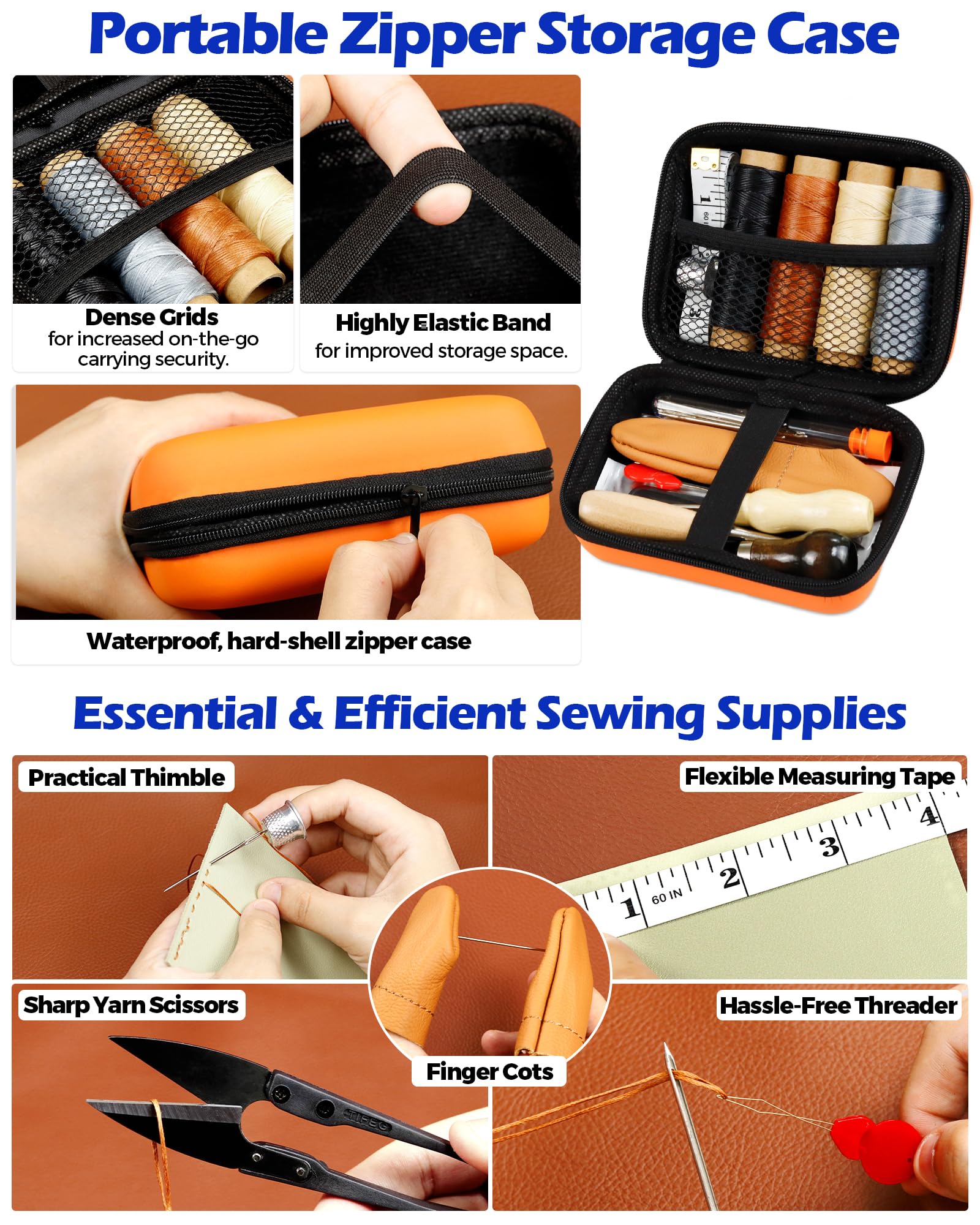 PLANTIONAL 34 PCS Basic Leather Sewing Kit: Upholstery Thread Cord, Leather Waxed Thread with Sewing Awl, Seam Ripper, Tape Measure Large-Eye Stitching Needles for DIY Leather Craft Repair