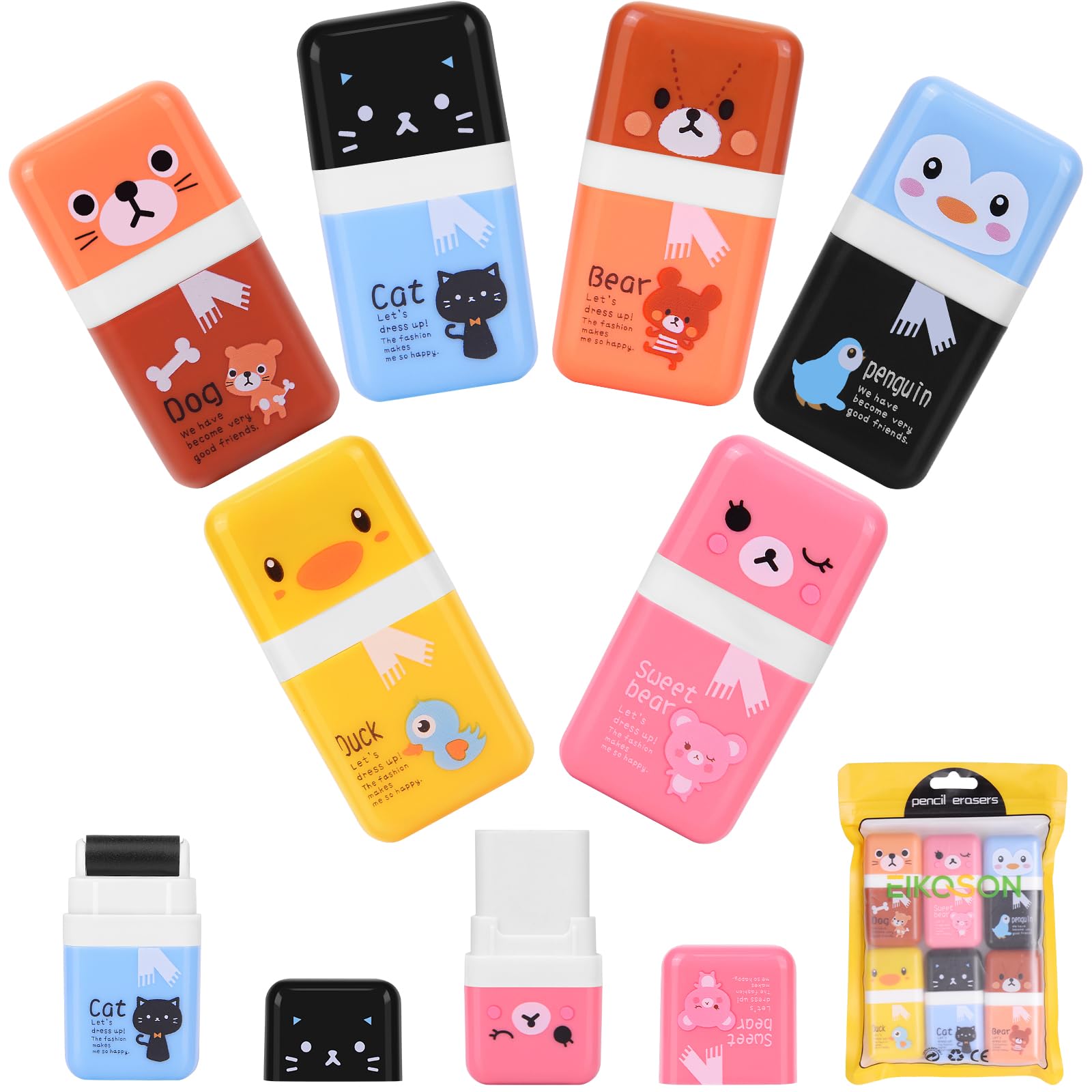 EIKOSON Erasers for Kids,6Pc Pencil Eraser Shaving Roller Case for Easy Pick Up and Removal |Kids Erasers, Cute Erasers, School Supplies for Kids,Back to School Gift