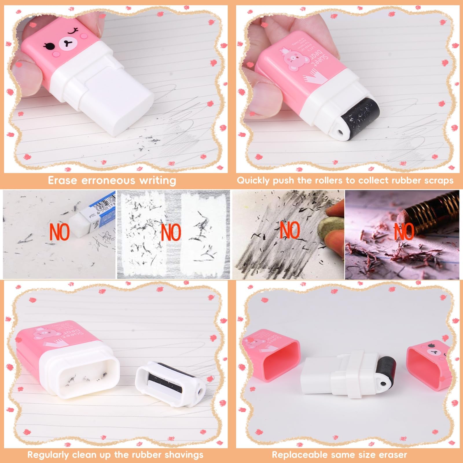 EIKOSON Erasers for Kids,6Pc Pencil Eraser Shaving Roller Case for Easy Pick Up and Removal |Kids Erasers, Cute Erasers, School Supplies for Kids,Back to School Gift