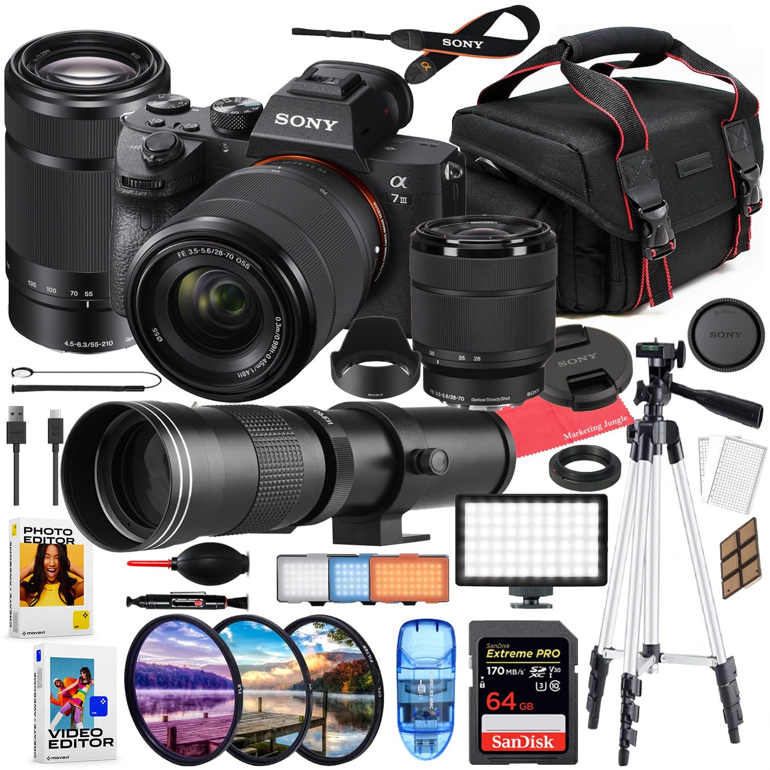 Sony a7 III Mirrorless Camera with 28-70mm & 55-210mm Lens Bundled Kit + Accessory Package with 420-800mm Zoom Telephoto, LED Light, Filters, 64GB Extreme SD, Case, & Editing Software Package