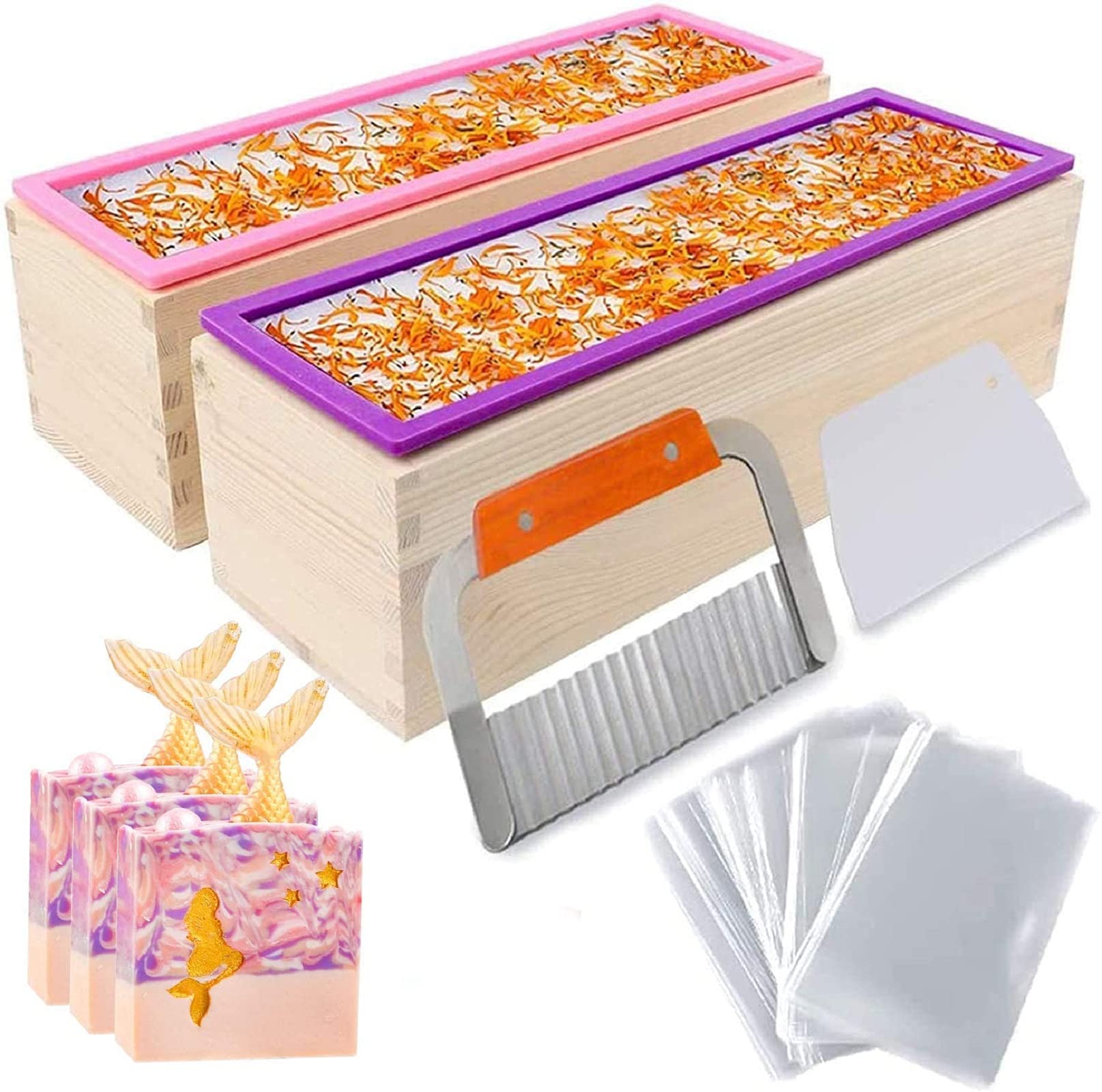 YGEOMER Soap Molds 2pcs 42oz, Silicone Soap Mold for Soap Making, Rectangular Loaf Soap Mold with Wooden Boxes, 2 Cutters and 100pcs Bags