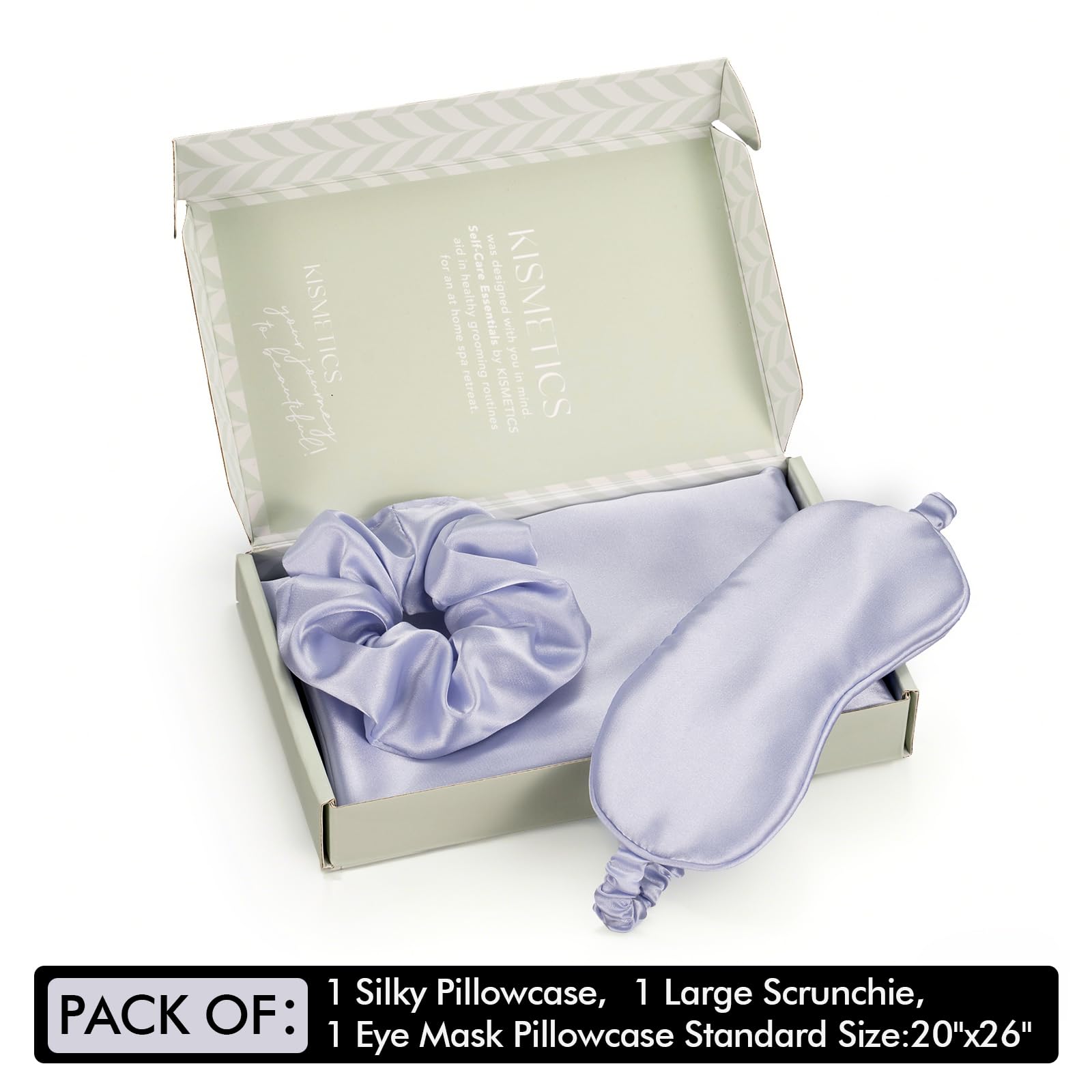 KISMETICS - Vegan Silk Sleep Set, Silky Pillowcase with Large Scrunchie and Eye Mask for Hair and Skin, Self Care Essential Satin Night Routine Kit (Purple Color)