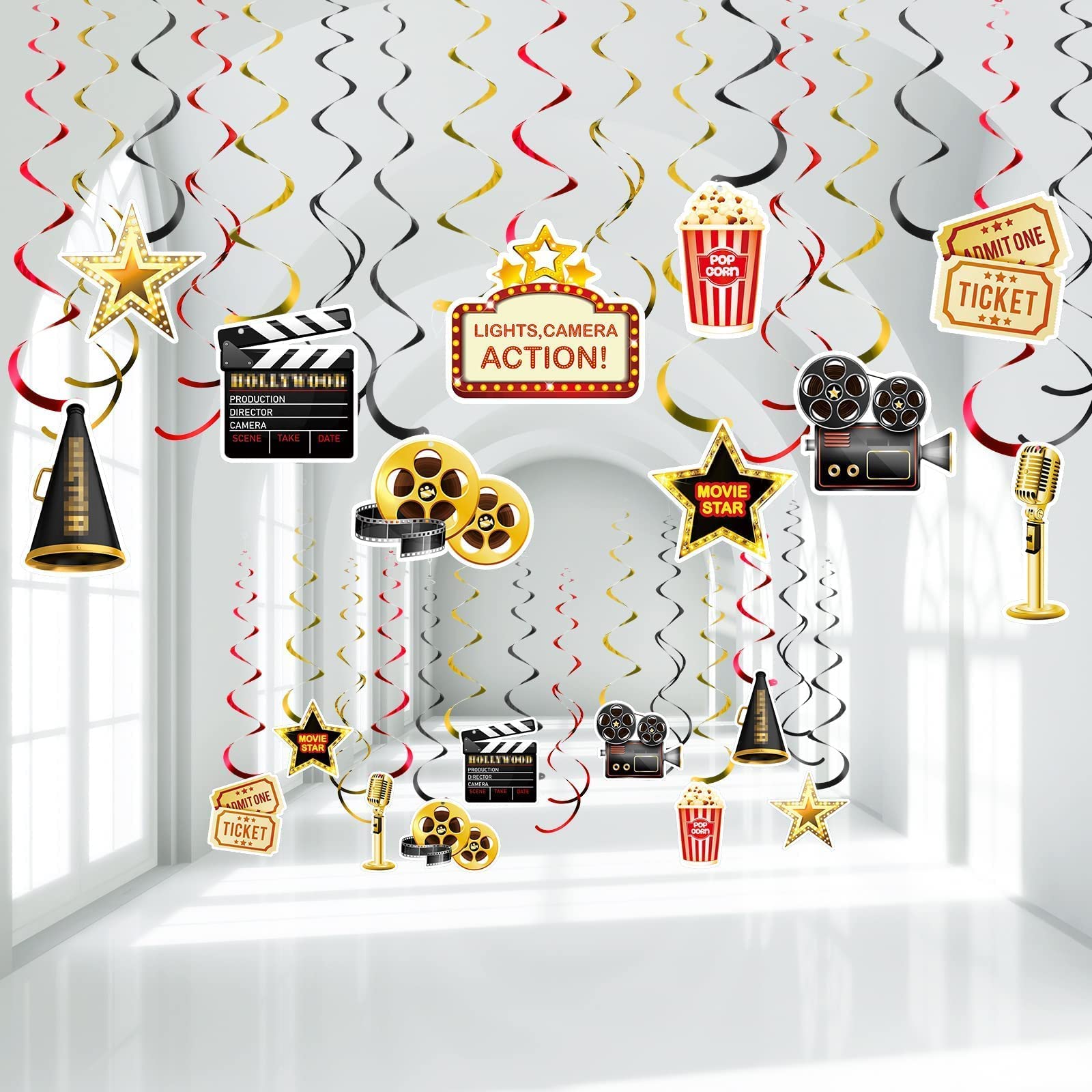 Movie Night Party Decorations Kit Now Showing Movie Theme Hanging Swirls Black Gold Foil Supplies for Bridal Shower Birthday Party Movie Night Party
