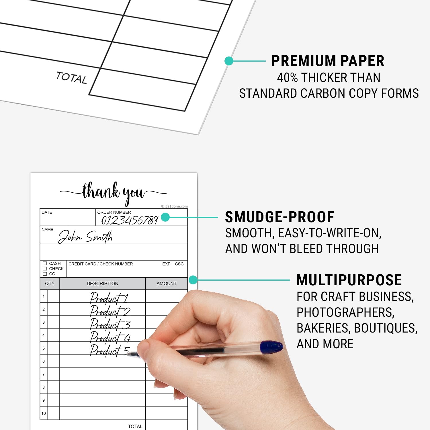321Done Thank You Receipt Book, 3.4x5.5 Handheld 2-Part Carbonless, Made in USA, Carbon Duplicate Copy Sales Order Form, Invoice Pad, Cute Convenient for Small Boutique Business (50 Sets) White/Yellow