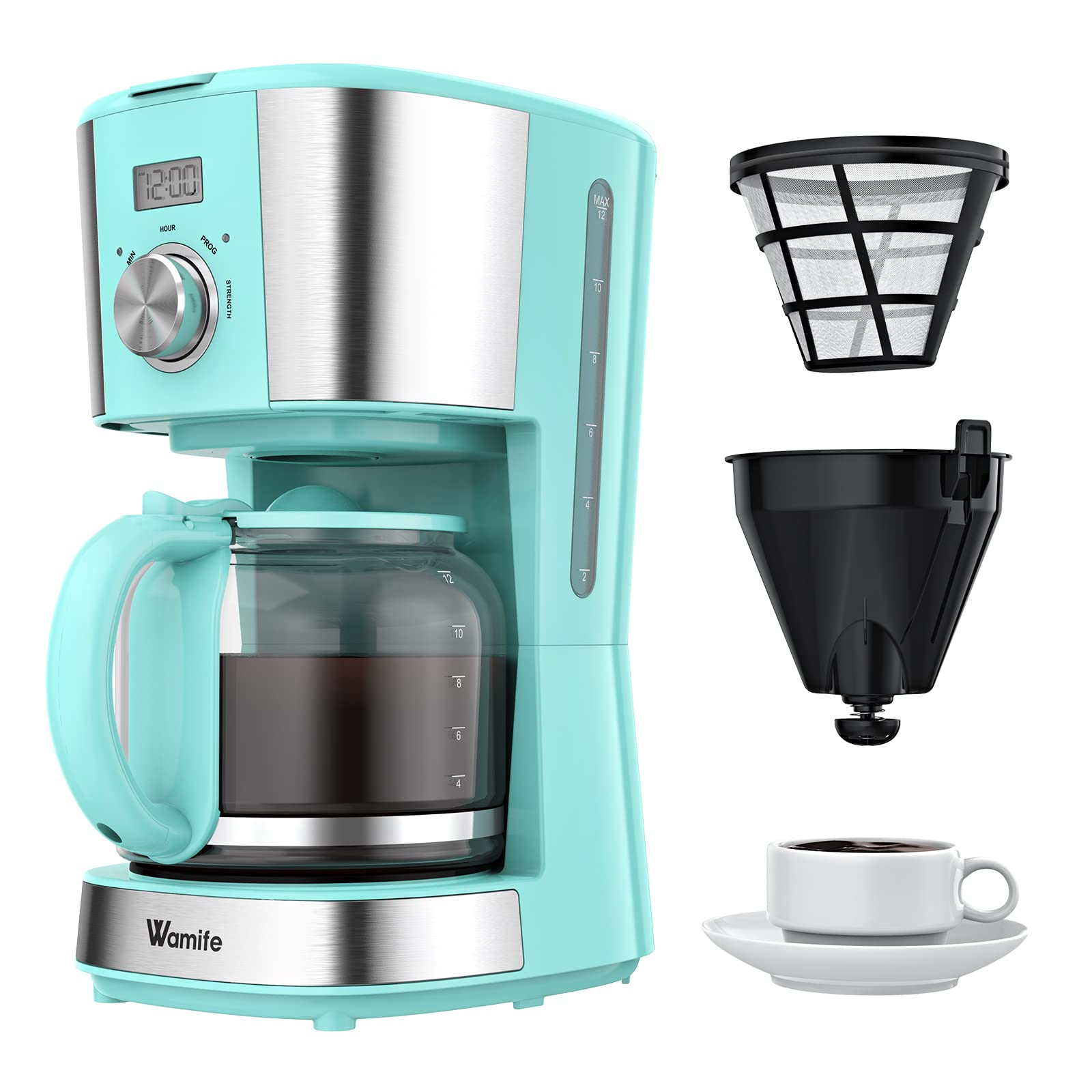 Wamife Coffee Maker - 12 Cup Programmable Drip Coffee Machine Coffee Brewer Timer Machine with Thermal Carafe Retro Coffee Makers for Home & Office (Blue Coffee Machine)