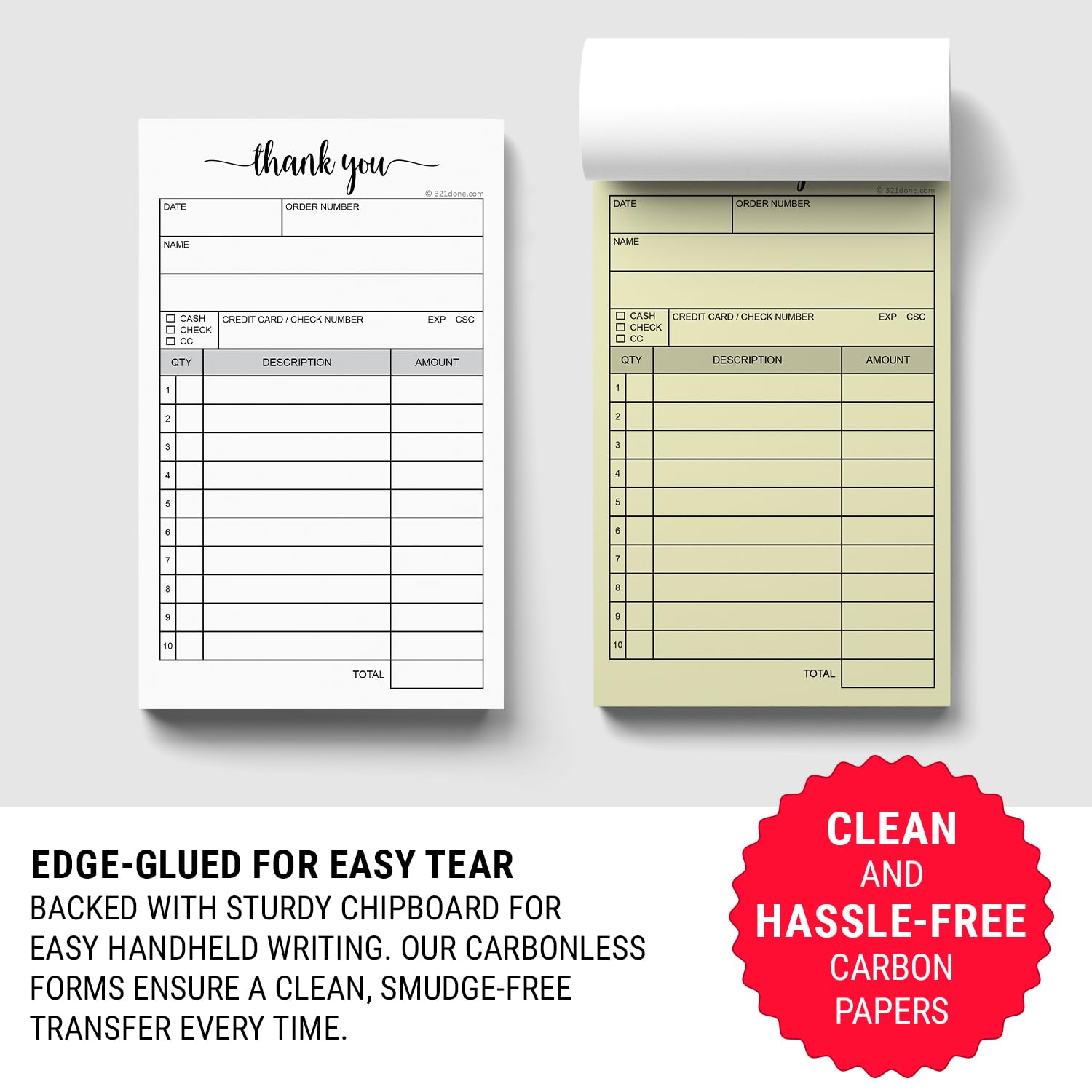 321Done Thank You Receipt Book, 3.4x5.5 Handheld 2-Part Carbonless, Made in USA, Carbon Duplicate Copy Sales Order Form, Invoice Pad, Cute Convenient for Small Boutique Business (50 Sets) White/Yellow