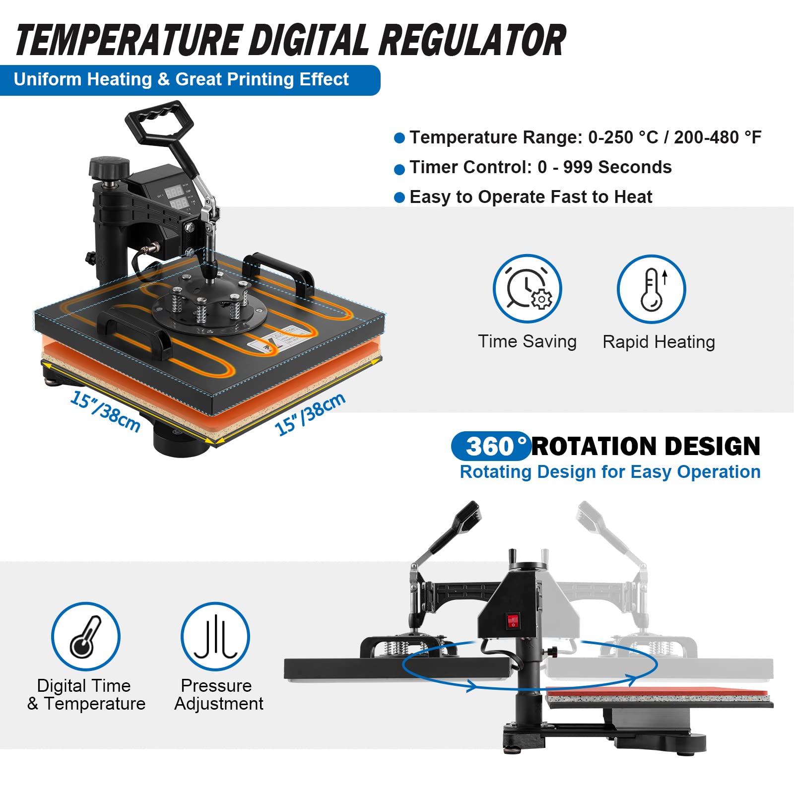 Topdeep Heat Press 15x15 Inch 8 in 1 Heat Press Machine, Swing Away T Shirt Pressing Machine Digital Control, Multifunction Heat Press Transfer Machine Sublimation Combo for T-Shirt Hat Cap Mug Plate