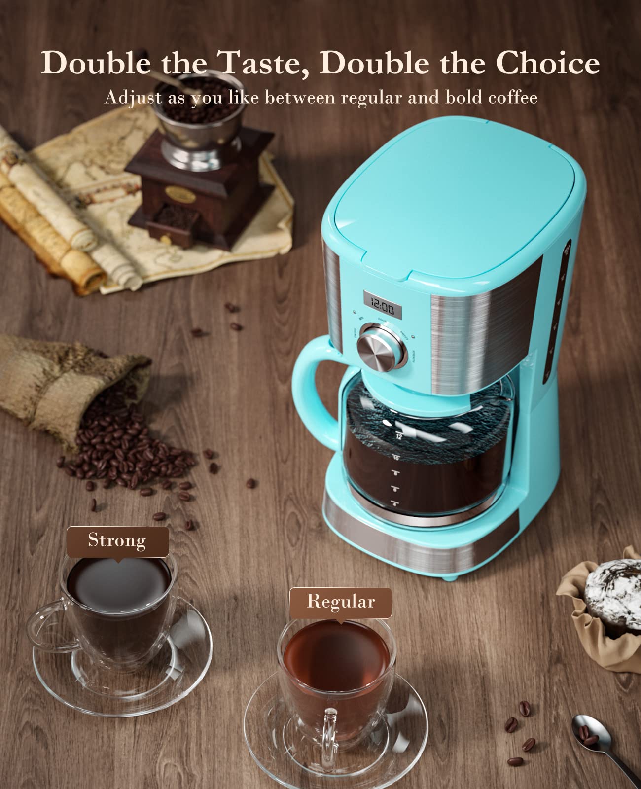 Wamife Coffee Maker - 12 Cup Programmable Drip Coffee Machine Coffee Brewer Timer Machine with Thermal Carafe Retro Coffee Makers for Home & Office (Blue Coffee Machine)