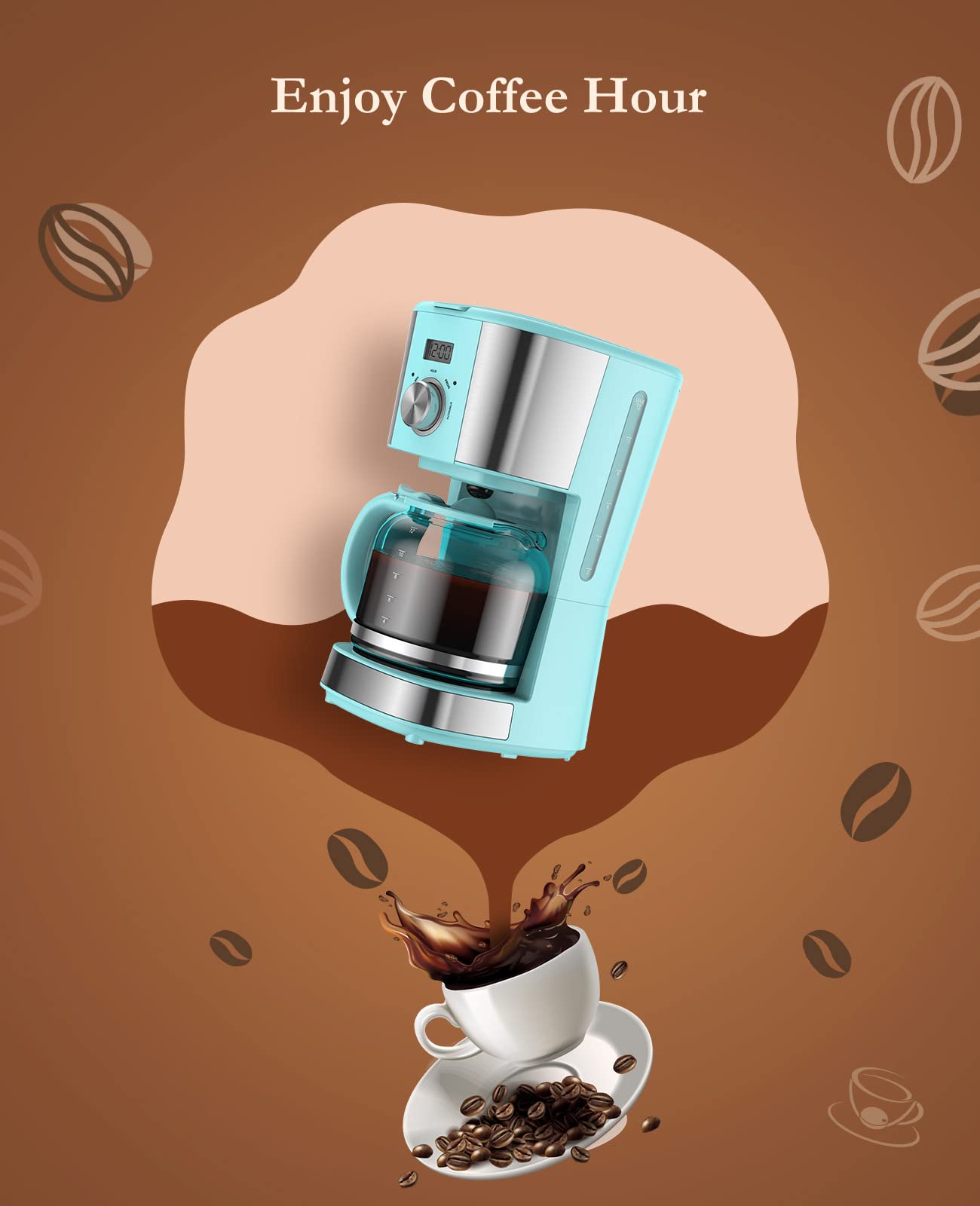 Wamife Coffee Maker - 12 Cup Programmable Drip Coffee Machine Coffee Brewer Timer Machine with Thermal Carafe Retro Coffee Makers for Home & Office (Blue Coffee Machine)
