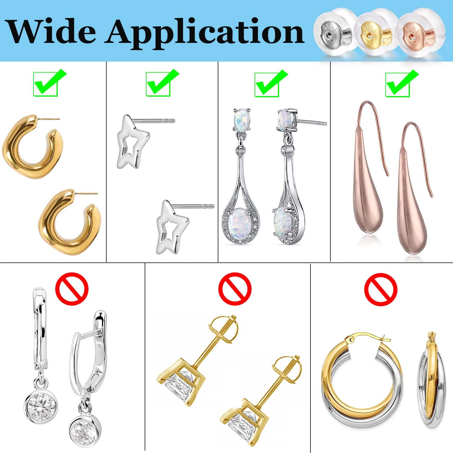 Moconar Sterling Silver Locking Secure Earring Backs for Studs, Silicone Earring Backs Replacements for Studs/Droopy Ears, No-Irritate Hypoallergenice Earring Backs for Adults&Kids