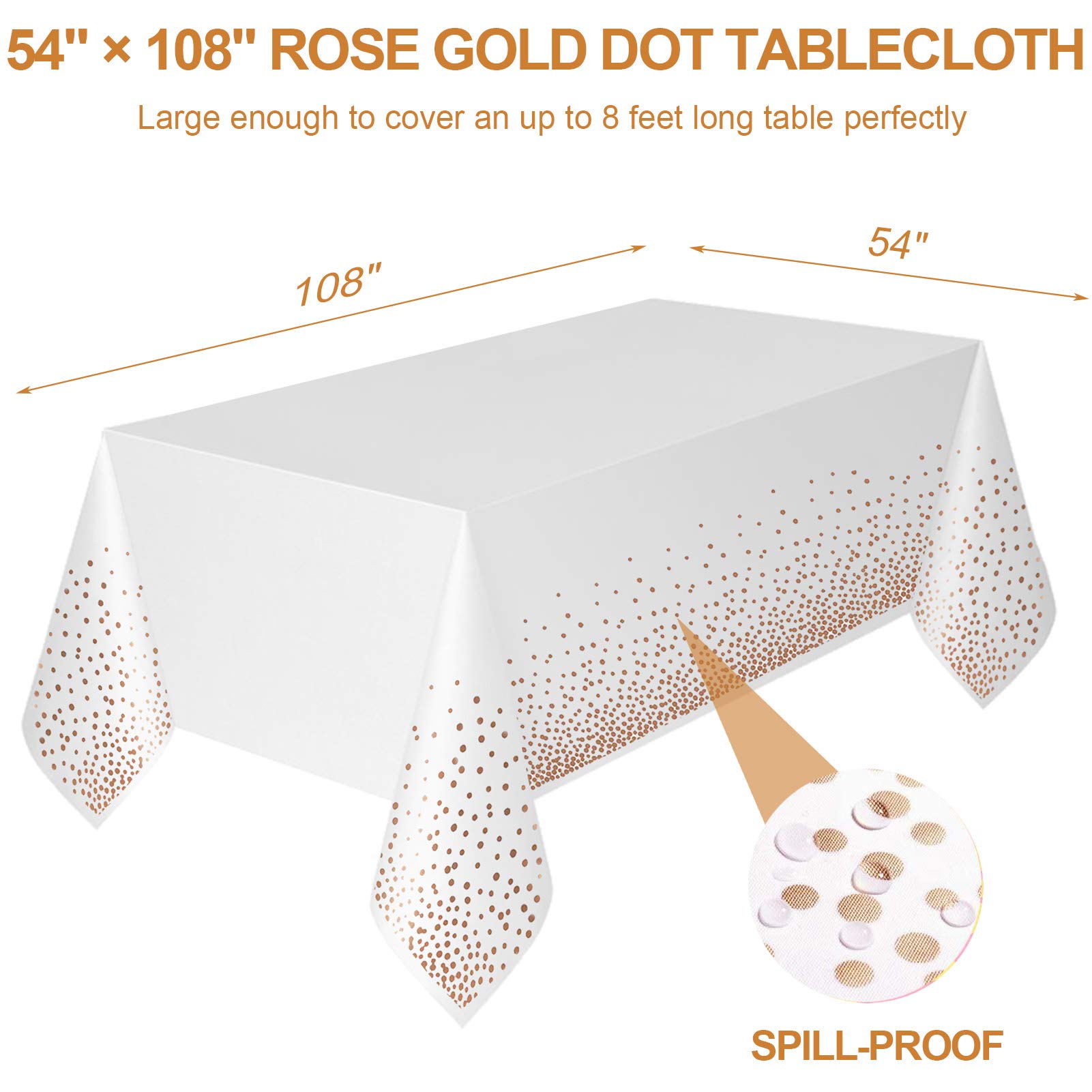 6 Pack Plastic Tablecloths for Rectangle Tables, Rose Gold Dot Confetti Party Table Cloths Disposable Table Covers with 30 Balloons for Parties Girl Birthday Baby Shower Wedding Bridal, 54" x 108"