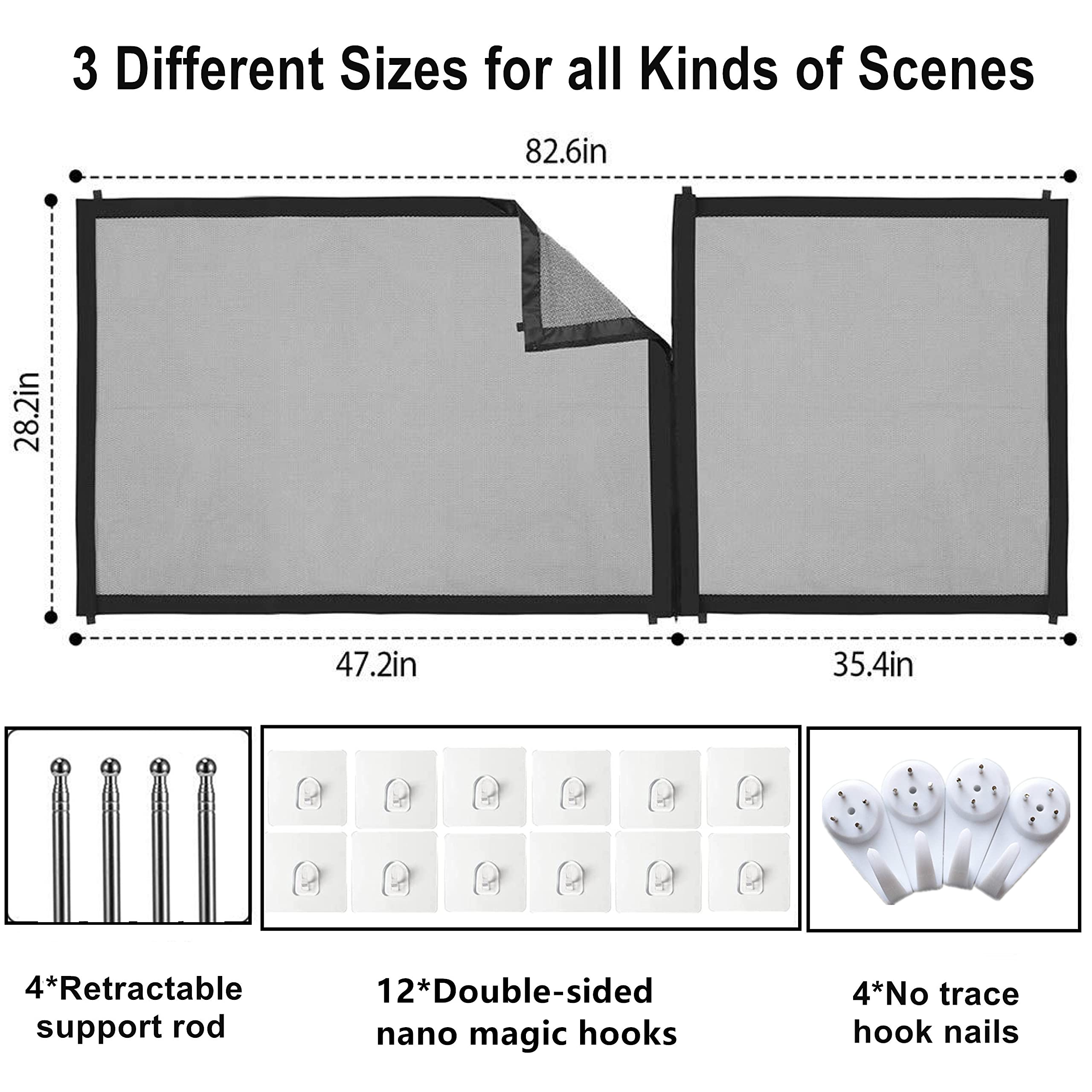Wide Gate Magic Gate for Dogs, Indoor Outdoor Retractable Large Dog Gate, Extra Wide Expandable Folding Mesh Pet Gate for Stairs,Doors Safety Mesh Dog Gate Adjustable 3 Sizes(82.6"/47.2"/35.4"x28.2")