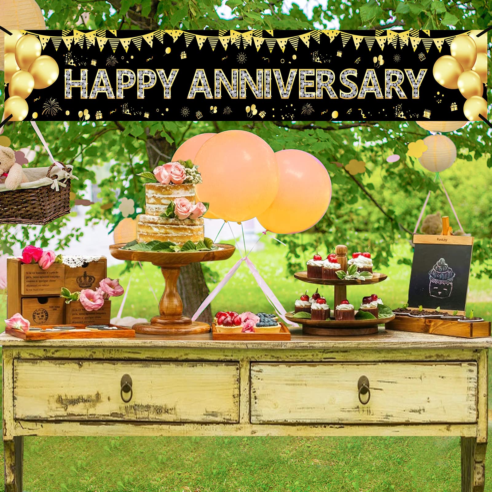 Wedding Anniversary Banner Decorations, Large Happy Anniversary Yard Sign Party Supplies Decor, Black Gold Outdoor 16th/21st/30th/40th Anniversary Decorations Photo Booth Props(9.8 X 1.6ft)