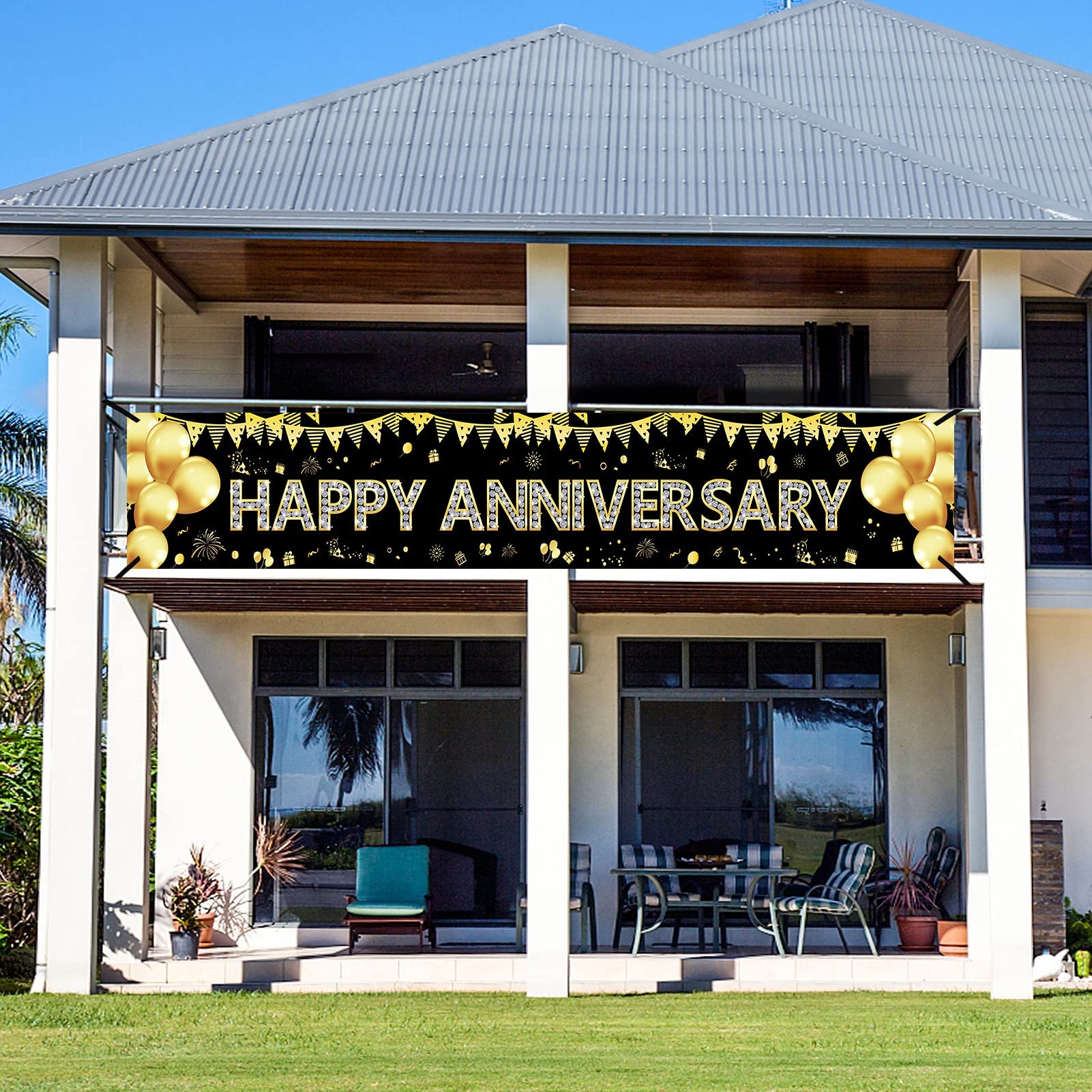 Wedding Anniversary Banner Decorations, Large Happy Anniversary Yard Sign Party Supplies Decor, Black Gold Outdoor 16th/21st/30th/40th Anniversary Decorations Photo Booth Props(9.8 X 1.6ft)