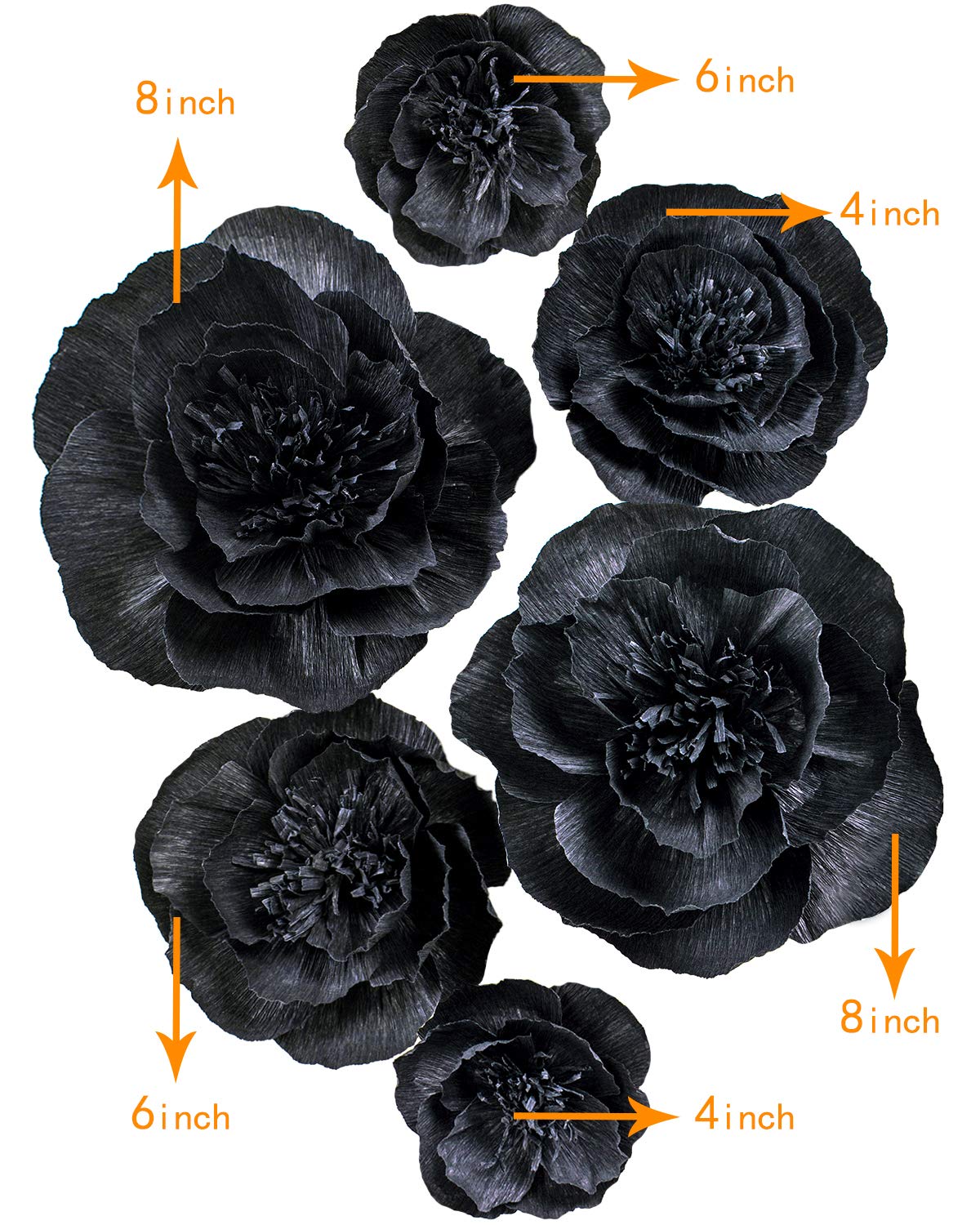 Letjolt Artificial Black Paper Flower Decorations for Wall Backdrop Wedding Birthday Baby Shower Bridal Shower Nursery Decor(Black Set 6)