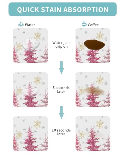 Coffee Mat for Counter, Pink Christmas Xmas Tree Golden Snowflake Absorbent Hide Stain Coffee Bar Mat, Non-slip Coffee Bar Accessories Kitchen Drying Mat Fit Under Coffee Maker Espresso Machine