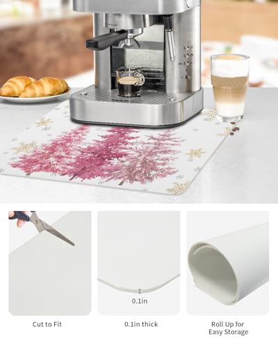 Coffee Mat for Counter, Pink Christmas Xmas Tree Golden Snowflake Absorbent Hide Stain Coffee Bar Mat, Non-slip Coffee Bar Accessories Kitchen Drying Mat Fit Under Coffee Maker Espresso Machine