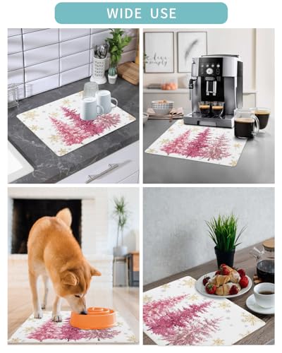 Coffee Mat for Counter, Pink Christmas Xmas Tree Golden Snowflake Absorbent Hide Stain Coffee Bar Mat, Non-slip Coffee Bar Accessories Kitchen Drying Mat Fit Under Coffee Maker Espresso Machine