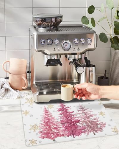 Coffee Mat for Counter, Pink Christmas Xmas Tree Golden Snowflake Absorbent Hide Stain Coffee Bar Mat, Non-slip Coffee Bar Accessories Kitchen Drying Mat Fit Under Coffee Maker Espresso Machine