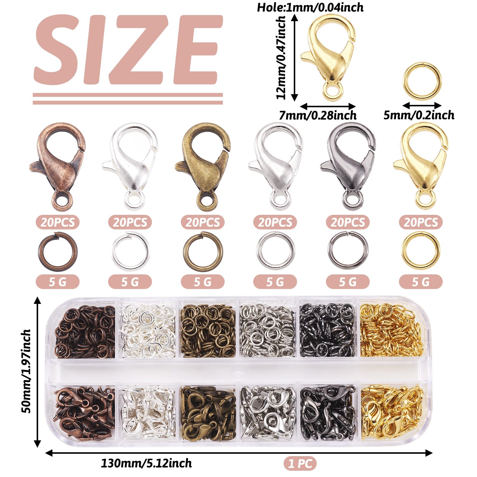Pandahall 6 Colors Jewelry Finding Kits with 5mm Open Jump Rings & 12x6mm Lobster Claw Clasp for DIY Bracelet Necklace Jewelry Making