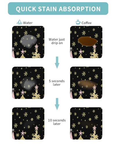 Coffee Mat for Counter, Pink Gold Christmas Tree Winter Snowflake Black Absorbent Hide Stain Coffee Bar Mat, Non-slip Coffee Bar Accessories Kitchen Drying Mat Fit Under Coffee Maker Espresso Machine