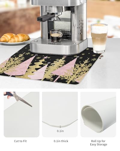 Coffee Mat for Counter, Pink Gold Christmas Tree Winter Snowflake Black Absorbent Hide Stain Coffee Bar Mat, Non-slip Coffee Bar Accessories Kitchen Drying Mat Fit Under Coffee Maker Espresso Machine