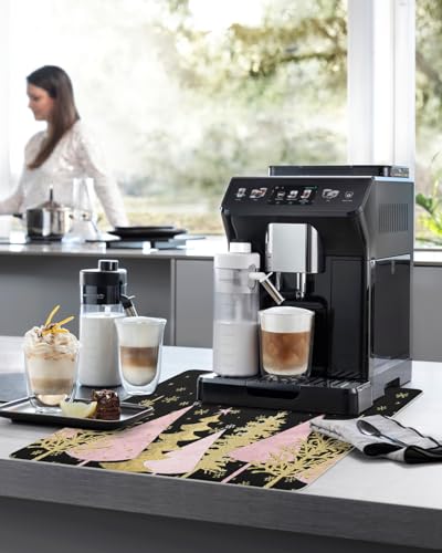 Coffee Mat for Counter, Pink Gold Christmas Tree Winter Snowflake Black Absorbent Hide Stain Coffee Bar Mat, Non-slip Coffee Bar Accessories Kitchen Drying Mat Fit Under Coffee Maker Espresso Machine