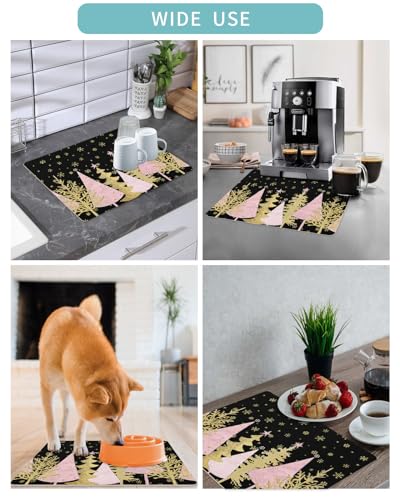 Coffee Mat for Counter, Pink Gold Christmas Tree Winter Snowflake Black Absorbent Hide Stain Coffee Bar Mat, Non-slip Coffee Bar Accessories Kitchen Drying Mat Fit Under Coffee Maker Espresso Machine