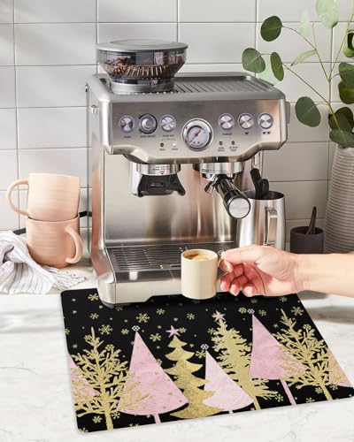 Coffee Mat for Counter, Pink Gold Christmas Tree Winter Snowflake Black Absorbent Hide Stain Coffee Bar Mat, Non-slip Coffee Bar Accessories Kitchen Drying Mat Fit Under Coffee Maker Espresso Machine