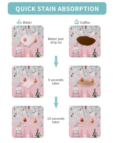 Coffee Mat for Counter, Christmas Gnome with Green Xmas Tree Pink Absorbent Hide Stain Coffee Bar Mat, Non-slip Coffee Bar Accessories Kitchen Drying Mat Fit Under Coffee Maker Espresso Machine