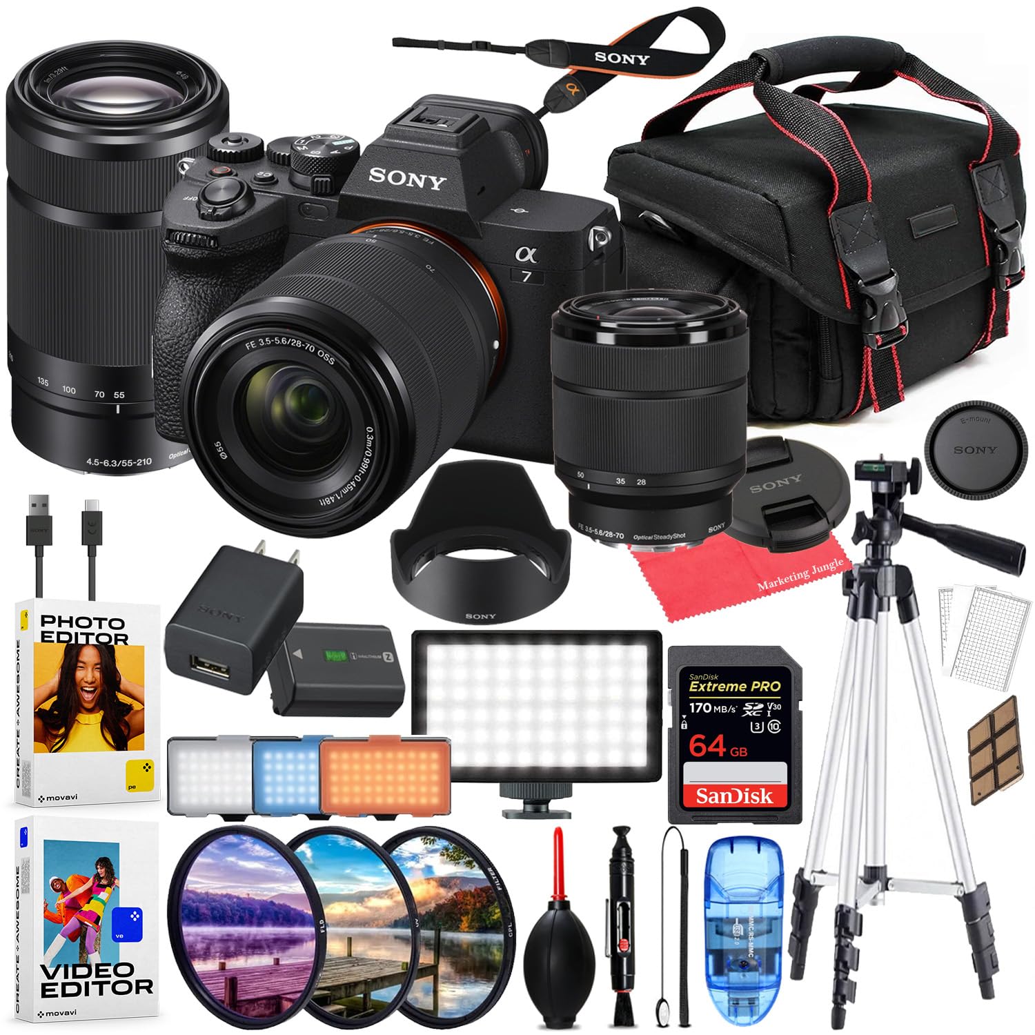 Sony a7 IV Mirrorless Camera with 28-70mm & 55-210mm Lens Bundled Kit + Accessory Package with LED Video Light, HD Filters, 64GB Extreme SD, Case, & Editing Software Package