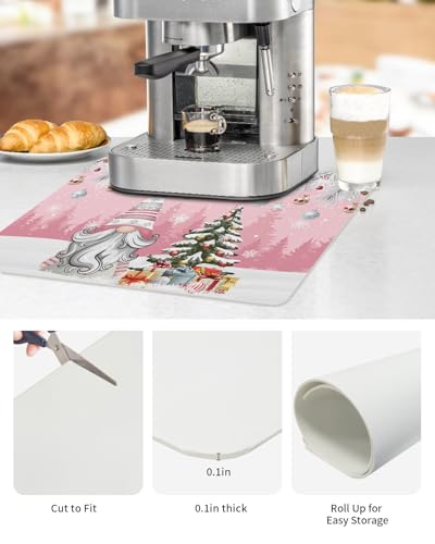 Coffee Mat for Counter, Christmas Gnome with Green Xmas Tree Pink Absorbent Hide Stain Coffee Bar Mat, Non-slip Coffee Bar Accessories Kitchen Drying Mat Fit Under Coffee Maker Espresso Machine
