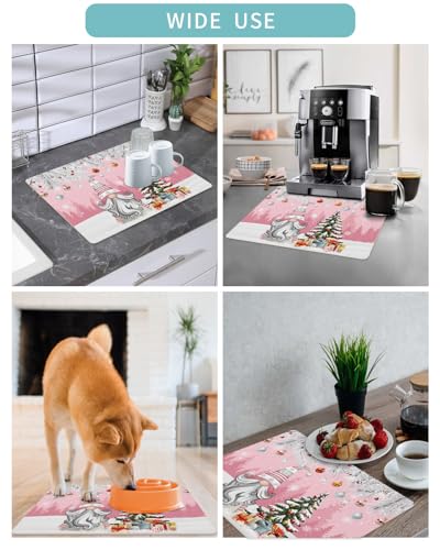 Coffee Mat for Counter, Christmas Gnome with Green Xmas Tree Pink Absorbent Hide Stain Coffee Bar Mat, Non-slip Coffee Bar Accessories Kitchen Drying Mat Fit Under Coffee Maker Espresso Machine