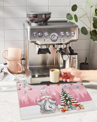 Coffee Mat for Counter, Christmas Gnome with Green Xmas Tree Pink Absorbent Hide Stain Coffee Bar Mat, Non-slip Coffee Bar Accessories Kitchen Drying Mat Fit Under Coffee Maker Espresso Machine