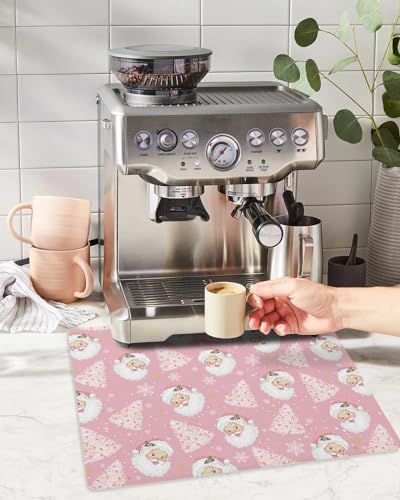 Coffee Mat for Counter, Pink Christmas Santa Truck Xmas Tree Snowflake Absorbent Hide Stain Coffee Bar Mat, Non-slip Coffee Bar Accessories Kitchen Drying Mat Fit Under Coffee Maker Espresso Machine