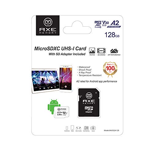 AXE MEMORY 128GB microSDXC Memory Card + SD Adapter with A2 App Performance, V30 UHS-I U3 4K