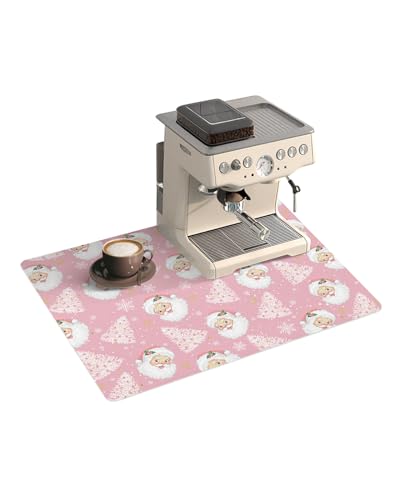 Coffee Mat for Counter, Pink Christmas Santa Truck Xmas Tree Snowflake Absorbent Hide Stain Coffee Bar Mat, Non-slip Coffee Bar Accessories Kitchen Drying Mat Fit Under Coffee Maker Espresso Machine