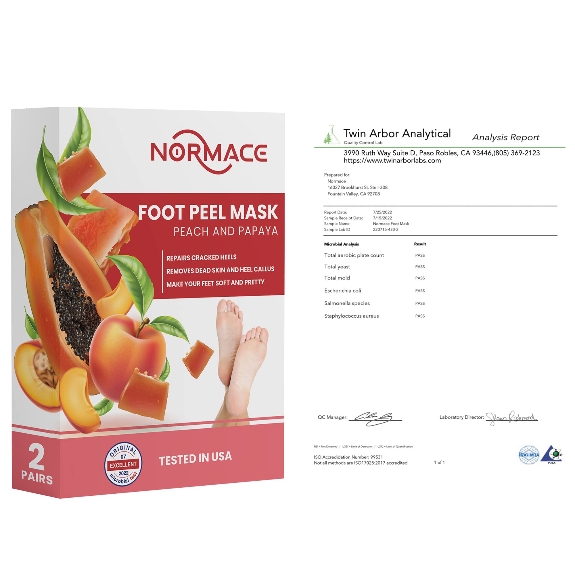 Normace Exfoliating Foot Mask( 2 Pairs) With All Passing Microbial Tests In USA LAB for Dry, Cracked Feet, Callus, Dead Skin Remover For Soft Baby Feet