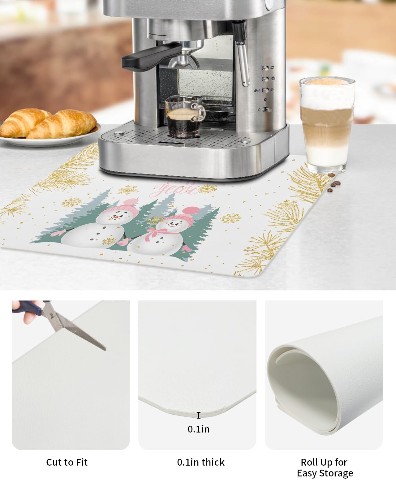 Coffee Mat for Counter,Merry Christmas Happy New Year Pink Snowman Gold Snowflake Absorbent Hide Stain Coffee Bar Mat,Non-slip Coffee Bar Accessories Kitchen Drying Mat Fit Under Coffee Maker