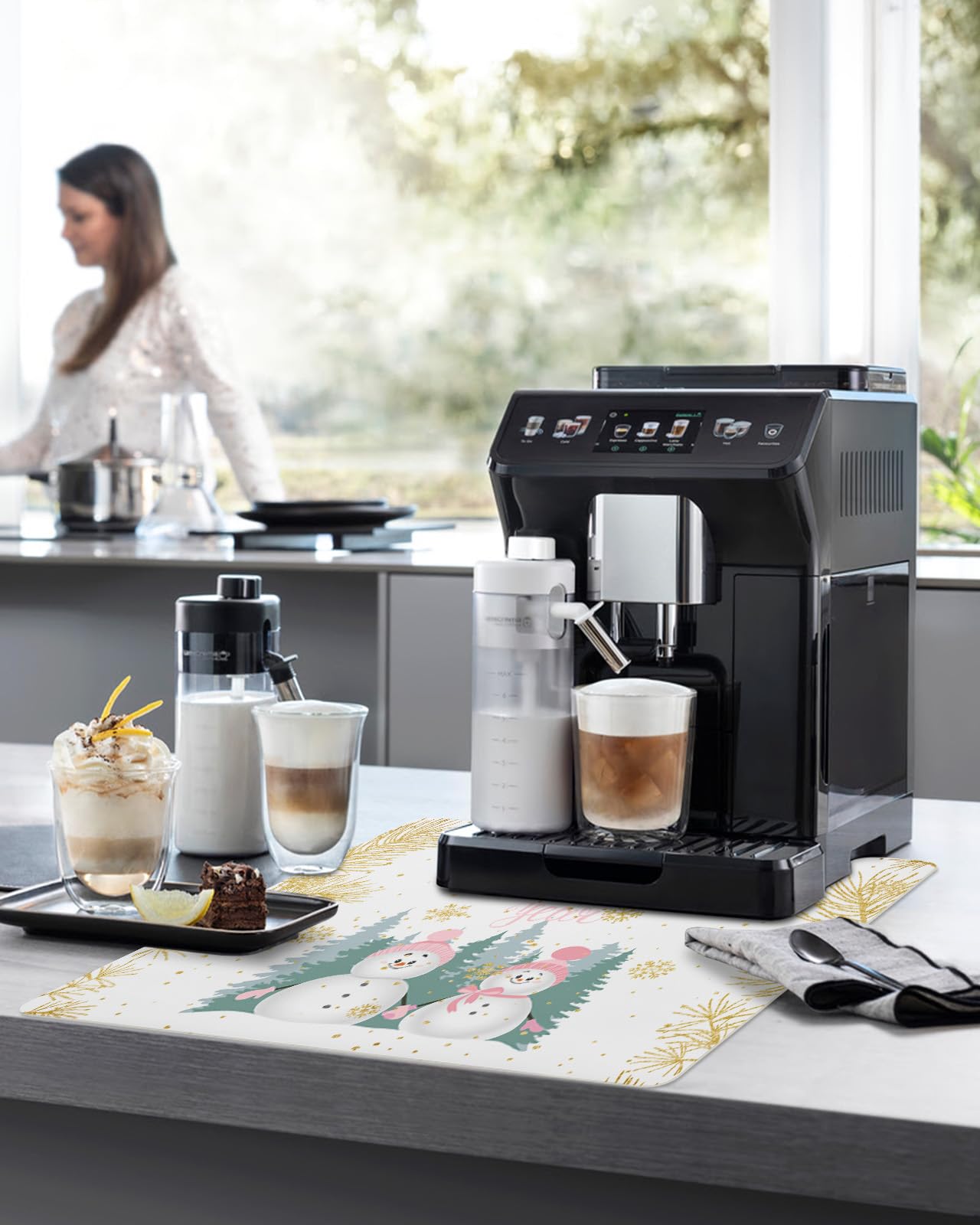 Coffee Mat for Counter,Merry Christmas Happy New Year Pink Snowman Gold Snowflake Absorbent Hide Stain Coffee Bar Mat,Non-slip Coffee Bar Accessories Kitchen Drying Mat Fit Under Coffee Maker