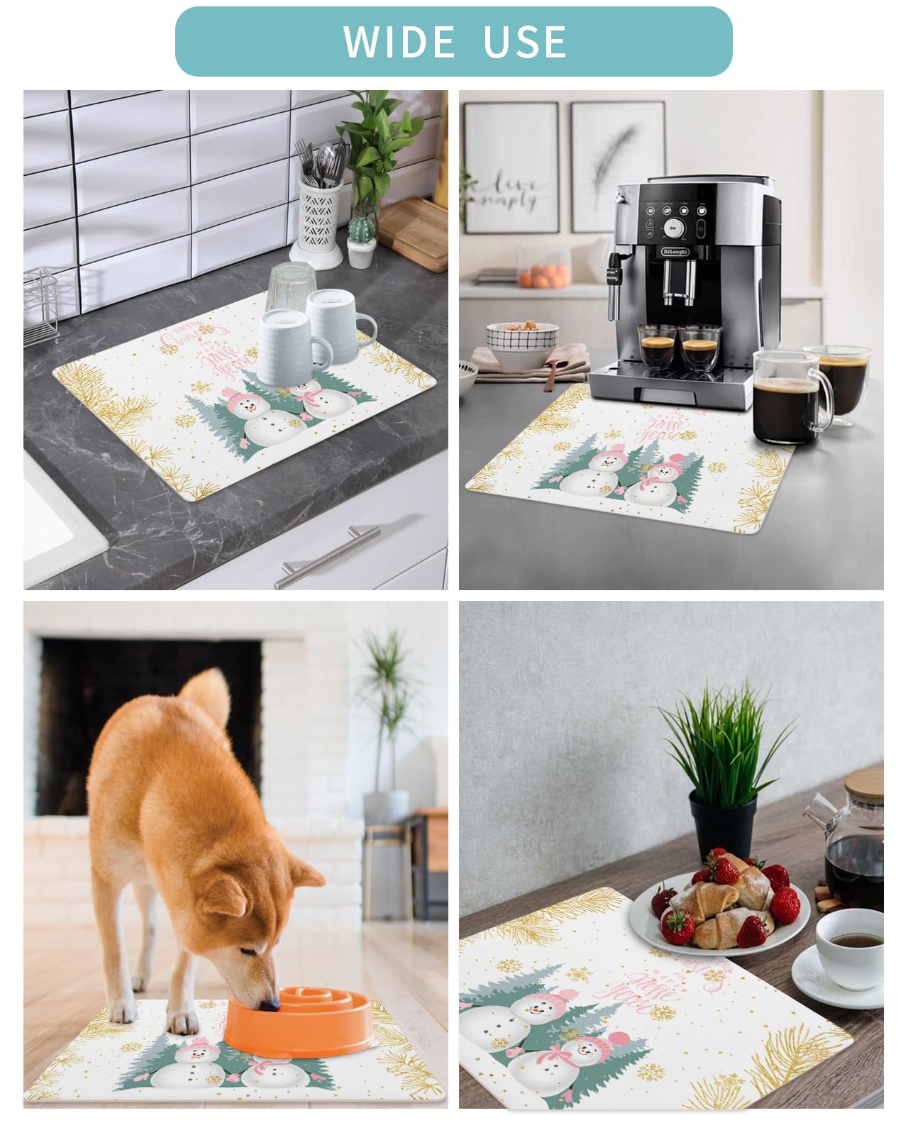 Coffee Mat for Counter,Merry Christmas Happy New Year Pink Snowman Gold Snowflake Absorbent Hide Stain Coffee Bar Mat,Non-slip Coffee Bar Accessories Kitchen Drying Mat Fit Under Coffee Maker