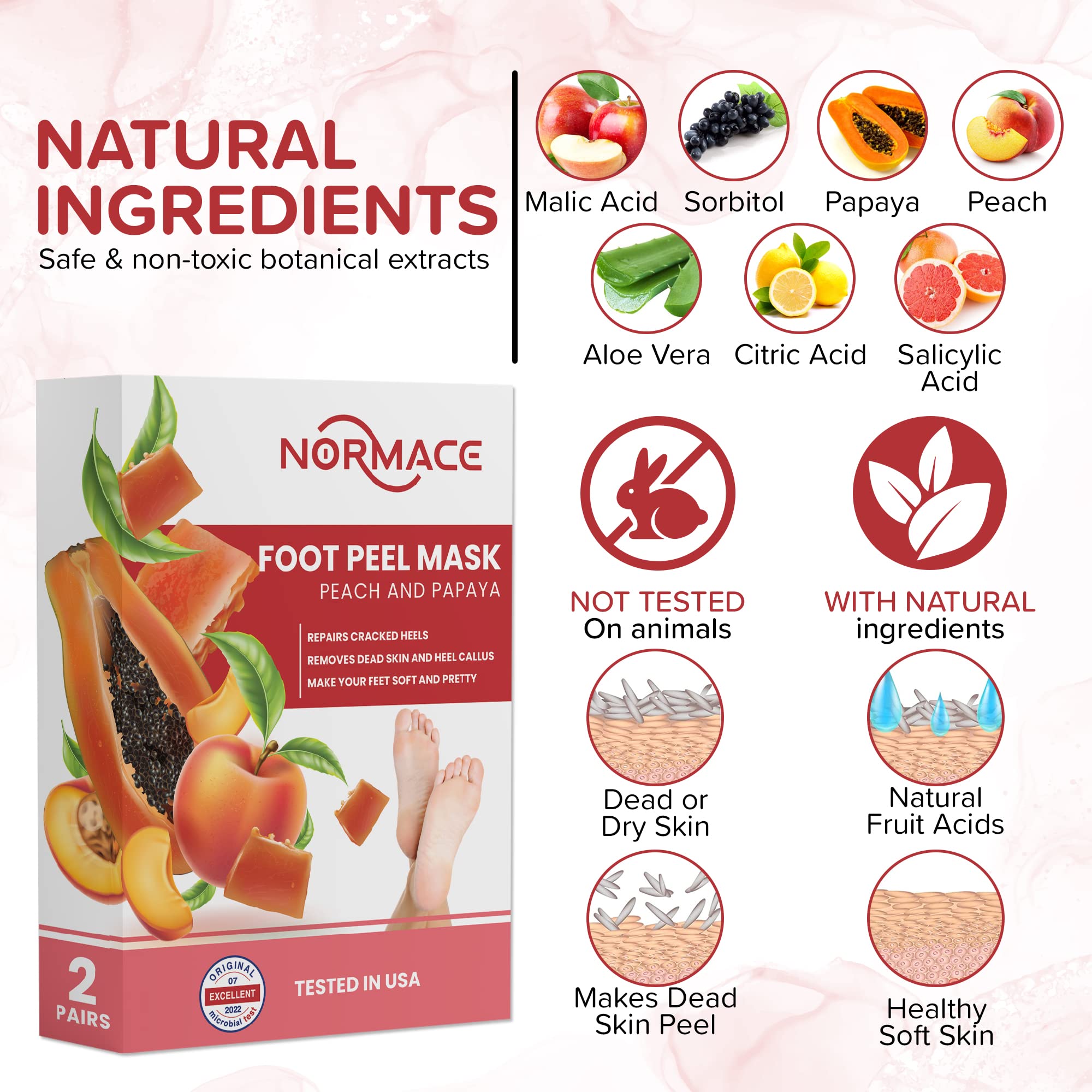 Normace Exfoliating Foot Mask( 2 Pairs) With All Passing Microbial Tests In USA LAB for Dry, Cracked Feet, Callus, Dead Skin Remover For Soft Baby Feet
